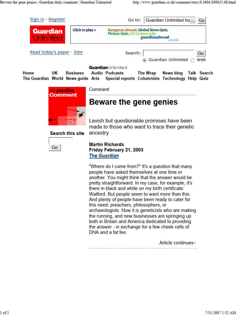 Beware the gene genies _ Guardian daily comment _ Guardian Un.. | PDF ...
