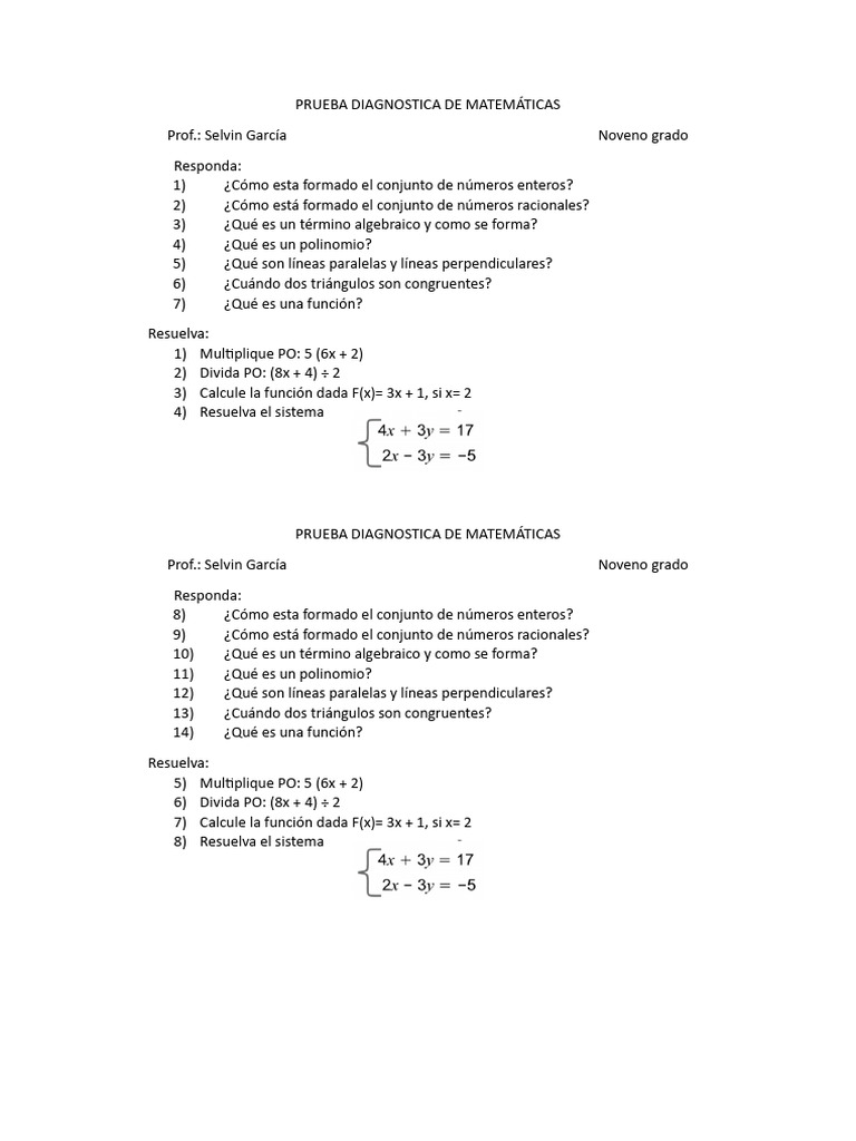 Prueba Diagnóstica de Matemáticas 9° grado | PDF