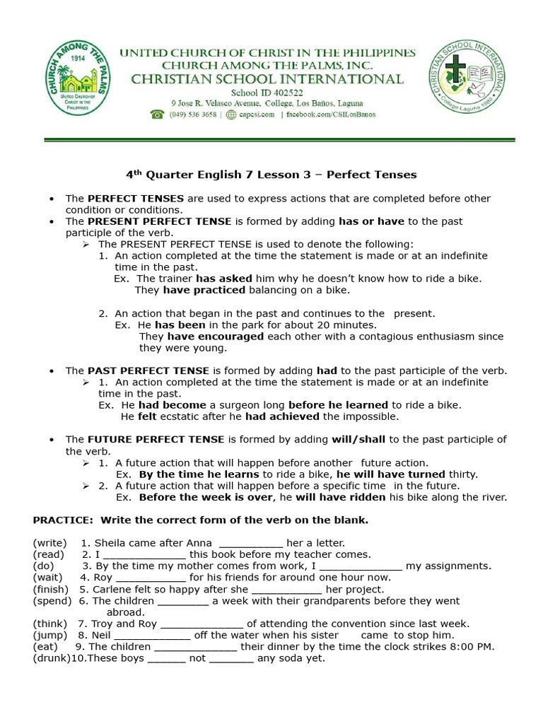 Perfect Tenses in English 7 Lesson 3 | PDF | Perfect (Grammar ...