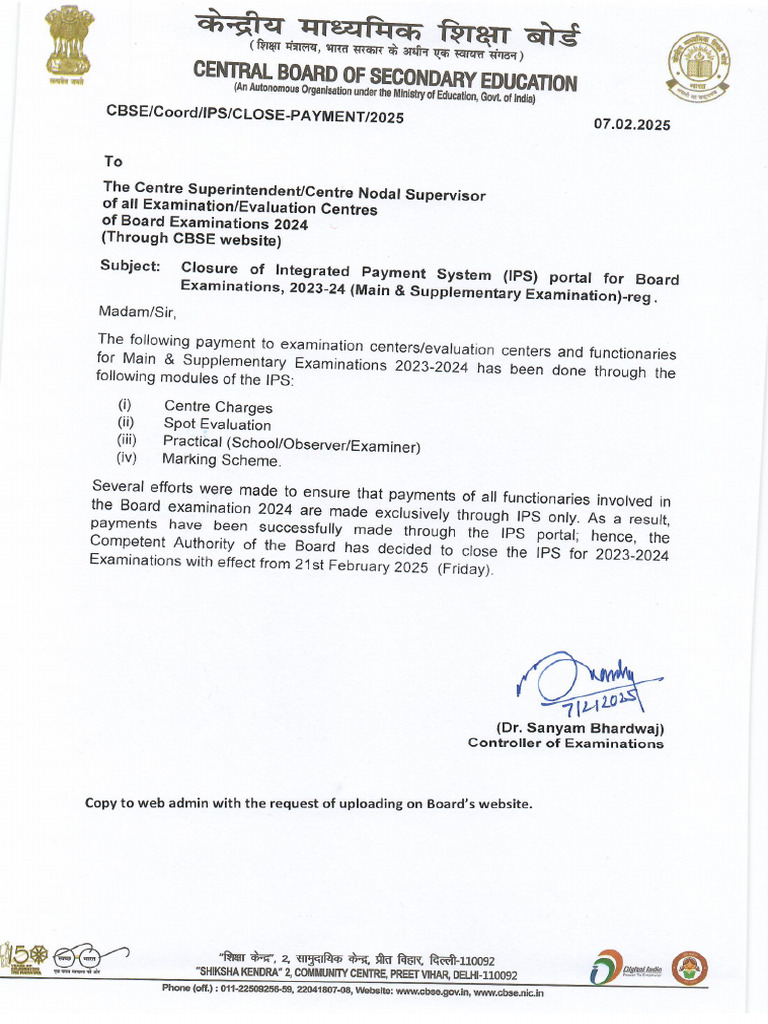 Closure of Integrated Payment System (IPS) Portal For Board ...
