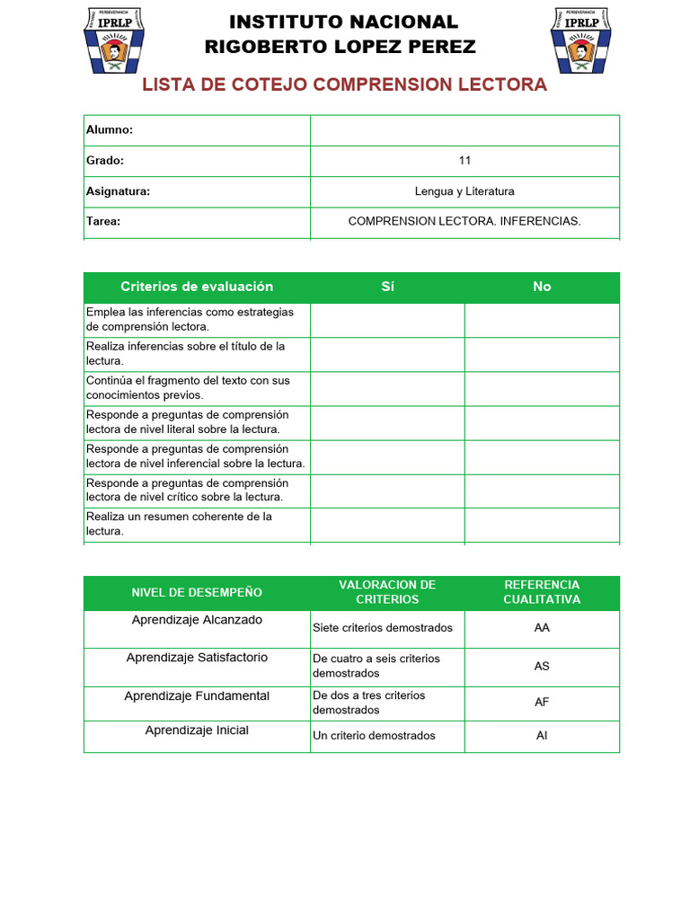 Lista de Cotejo Comprension Lectora | PDF