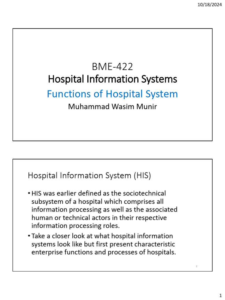 Functions of Hospital Information Systems | PDF | Medical Record | Hospital