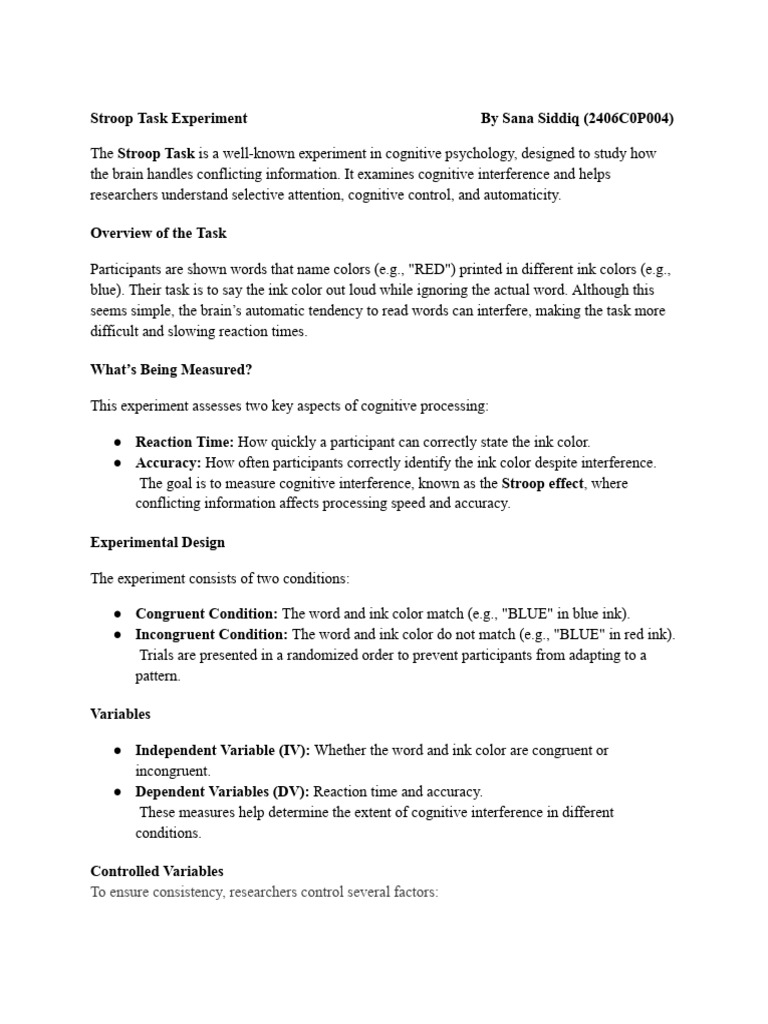 Stroop Task Experiment - Sana Siddiq (2406C0P004) | PDF | Mental ...