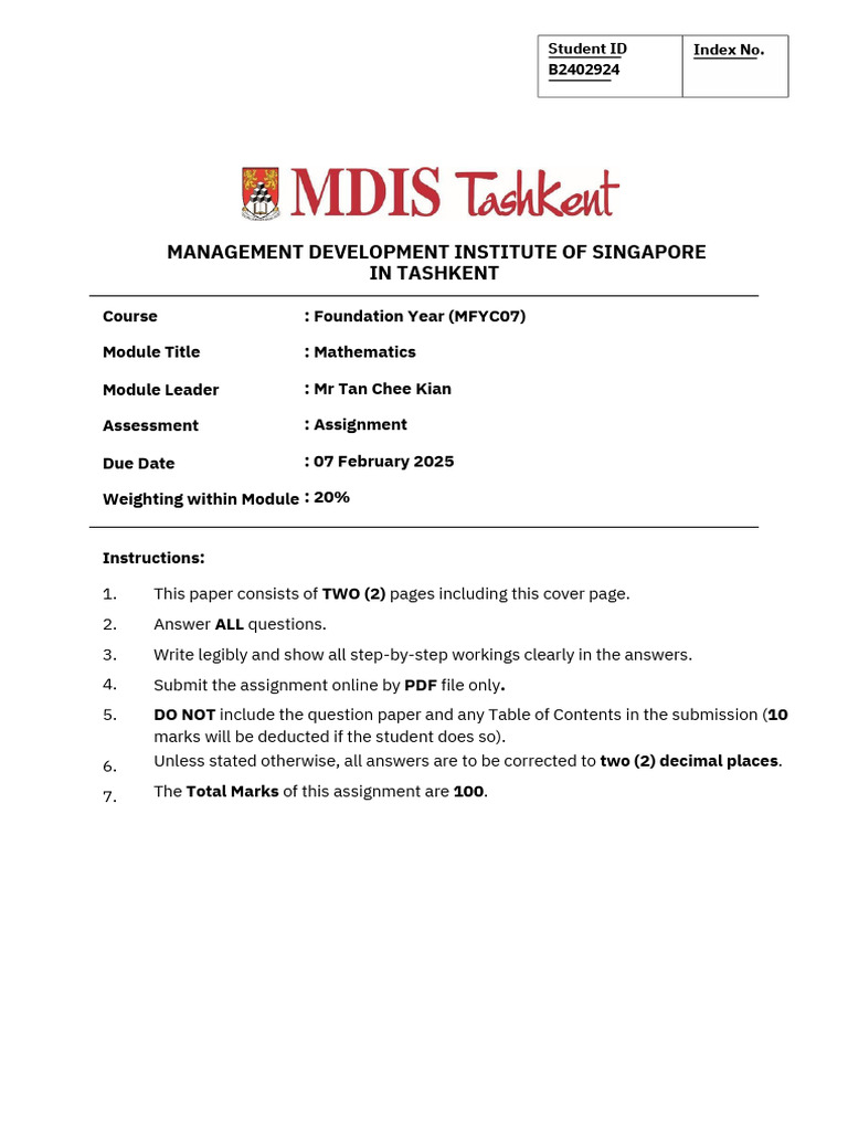 ASSIGMENT MATH ID 2402924 Totally Unfinished PDF | PDF | Applied ...