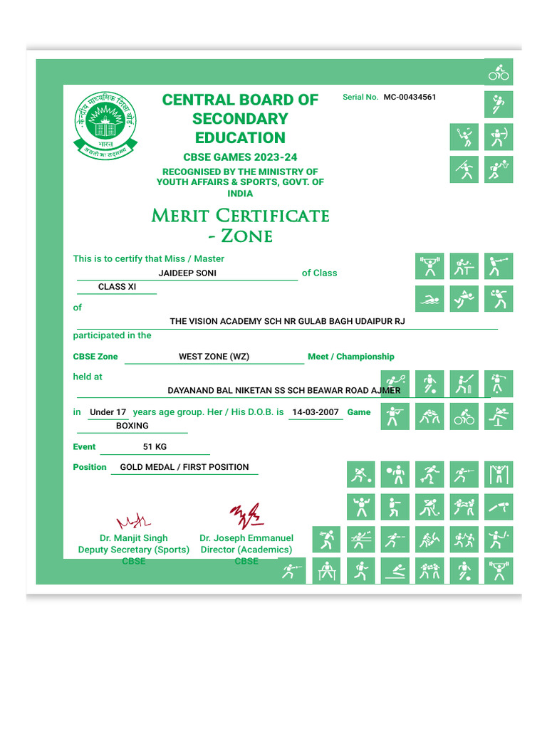 Merit Certificate - Zone _ CBSE | PDF