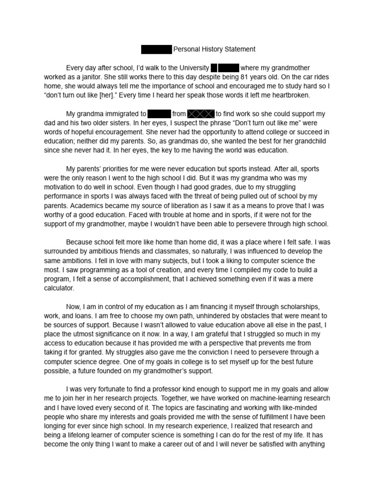 Personal History Statement - Exemplar 2 | PDF | Learning | Cognition