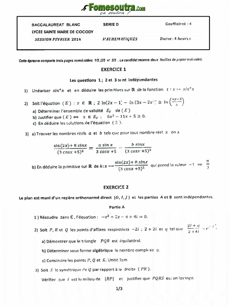 612776299154fsujet de Maths Bac Blanc Serie D Lycee Sainte Mari | PDF