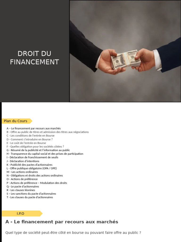 Cours 3 - Financement Par Recours Aux Marchés Et Pacte Dactionnaires ...