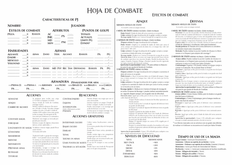 Hoja de Combate - Simplificado (Mythras y Efectos) | PDF