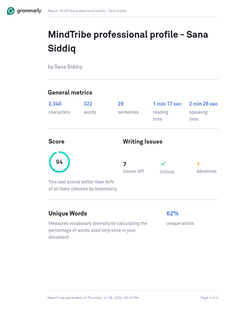 MindTribe PP Grammarly Report | PDF | Psychotherapy | Psychology