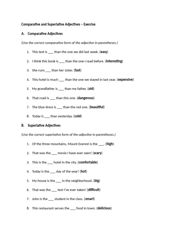 Comparative and Superlative Adjectives Exercise | PDF