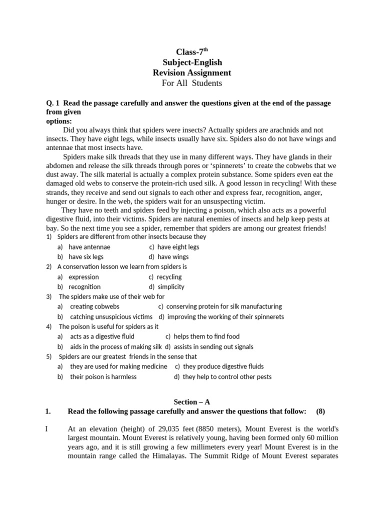 Class - 7th ASSIGNMENT (English) For All | PDF | Mount Everest | Spider