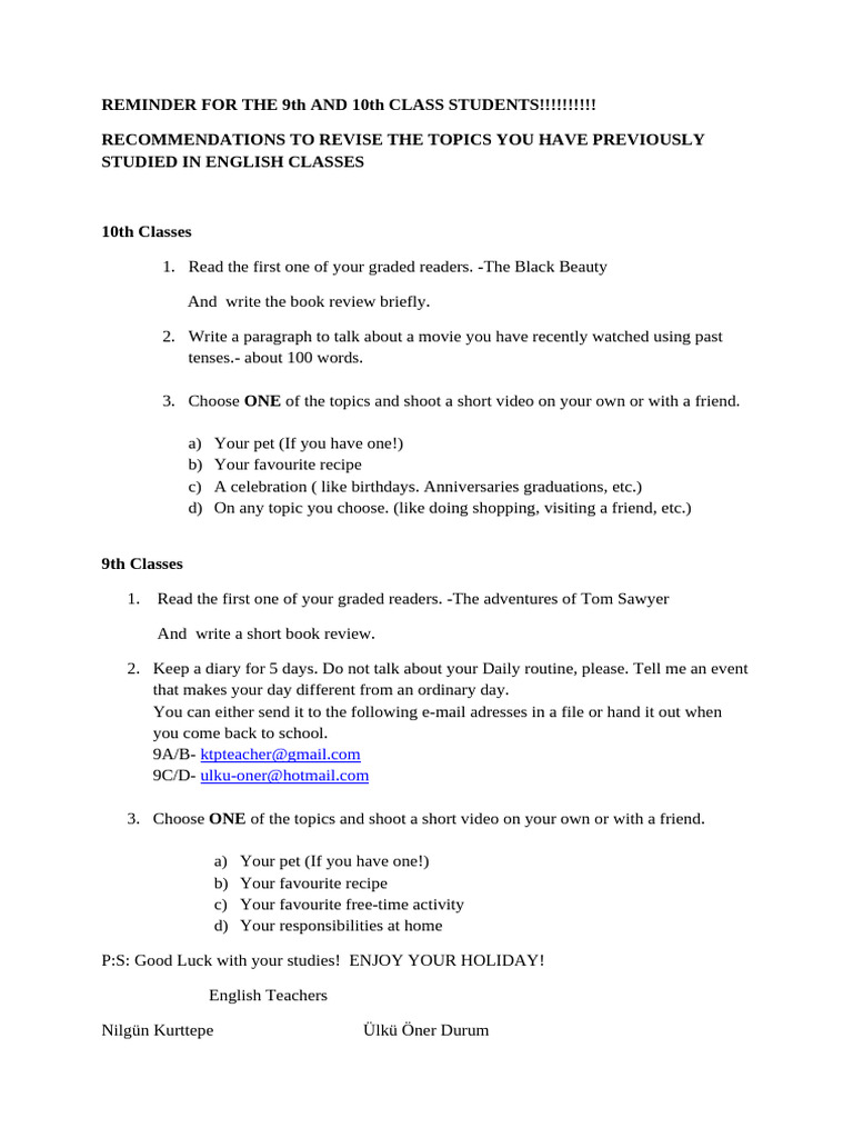 Recommendations For 9th and 10th Classes | PDF