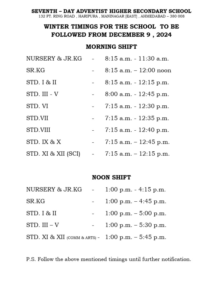 Winter Timings For The School To Be Followed From December 6, 2024 | PDF