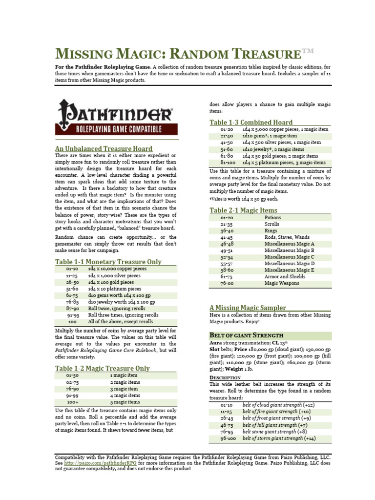 Missing Magic - Random Treasure Tables & Item Sampler | PDF | License ...