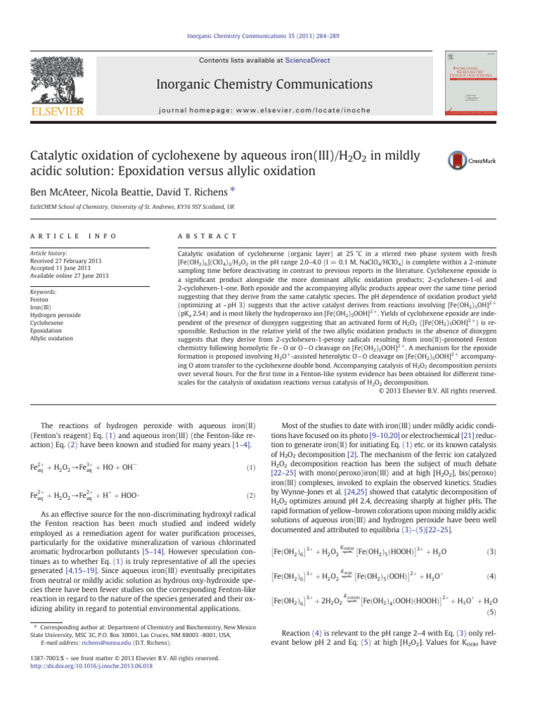 Catalytic Oxidation of Cyclohexene by Aqueous Iron (III) - H2O2 in ...
