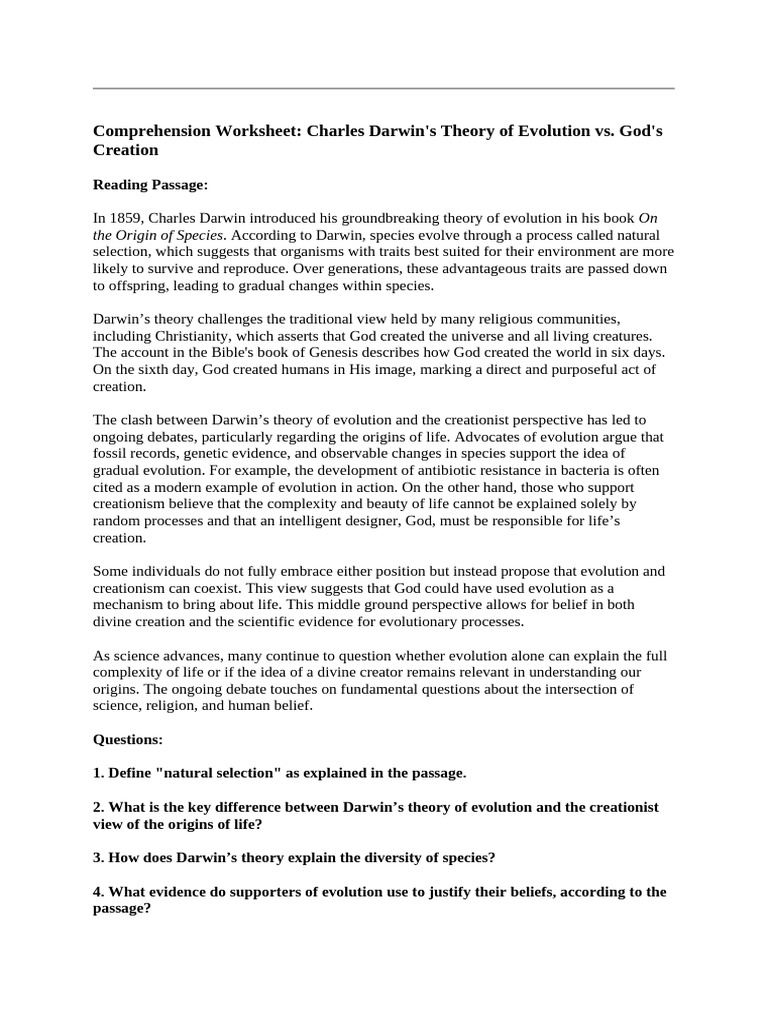 Comprehension Worksheet: Charles Darwin's Theory of Evolution vs. God's ...