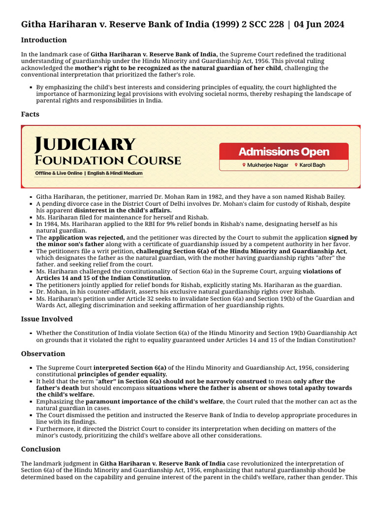 Githa Hariharan v. RBI: Guardianship Redefined | PDF | Legal Guardian | Child Custody