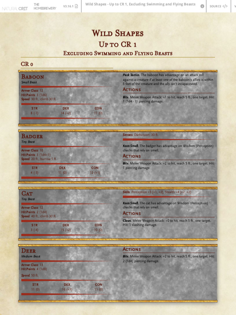 CR 1 Wild Shape Beasts Guide | PDF