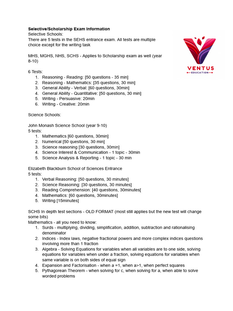 Selective - Scholarship Exam Information | PDF | Equations | Mathematics