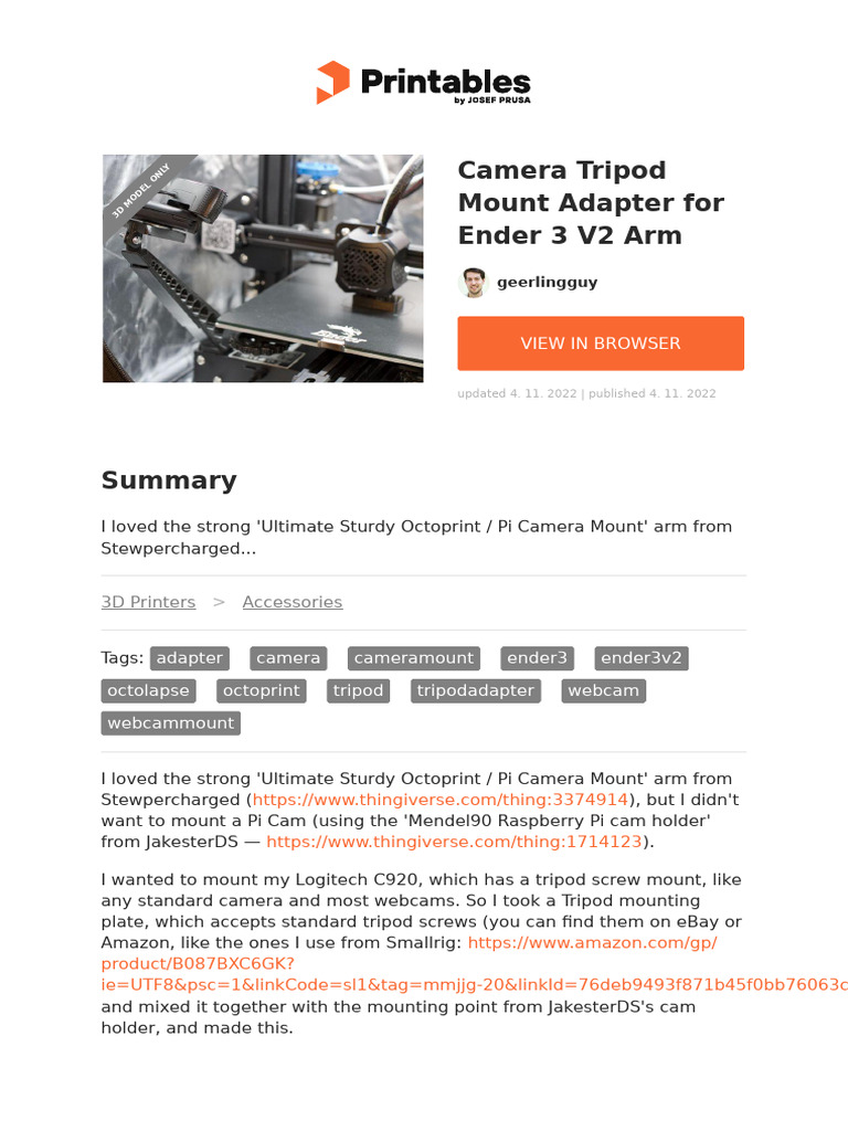Camera Tripod Mount Adapter For Ender 3 v2 Arm | PDF