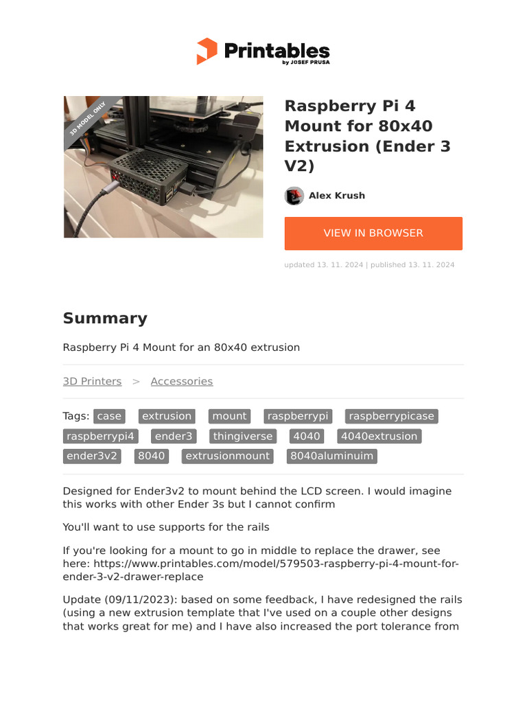 Raspberry Pi 4 Mount For 80x40 Extrusion Ender 3 v2 | PDF