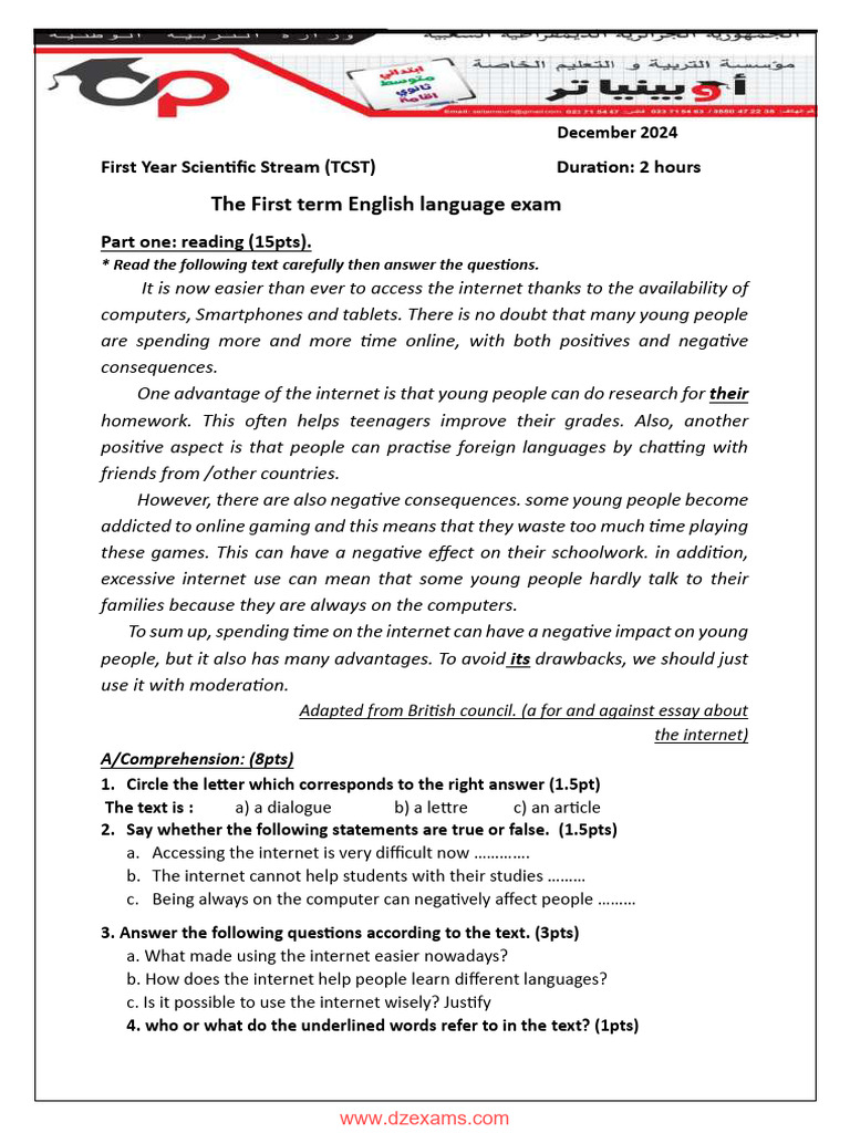 Dzexams 1as Anglais 238537 | PDF | Word | Internet