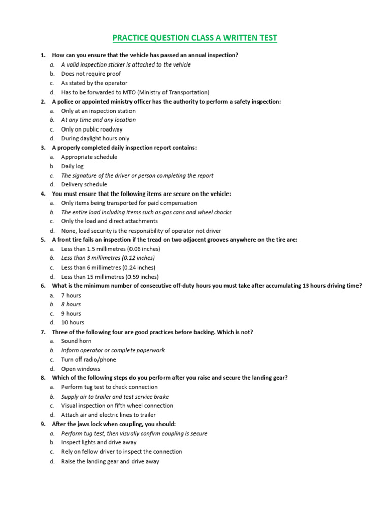 Class A Truck Driver Test Practice Questions | PDF | Semi Trailer Truck ...