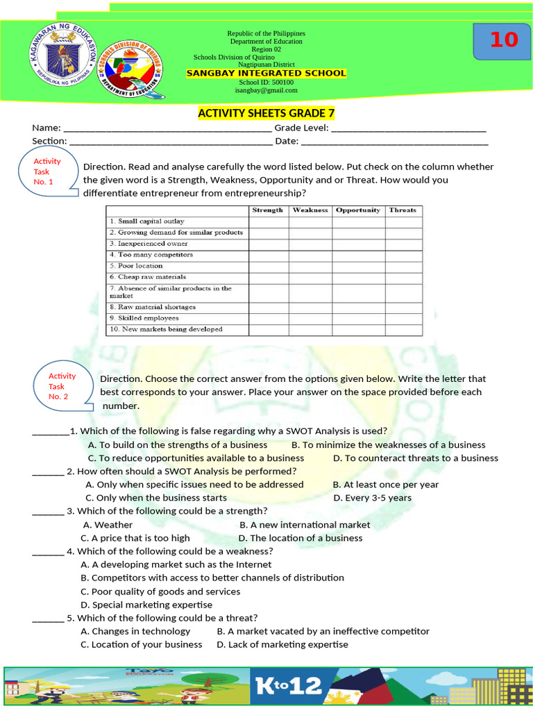 Grade 7 Activity Sheets: SWOT & Kitchen Tools | PDF | Entrepreneurship ...