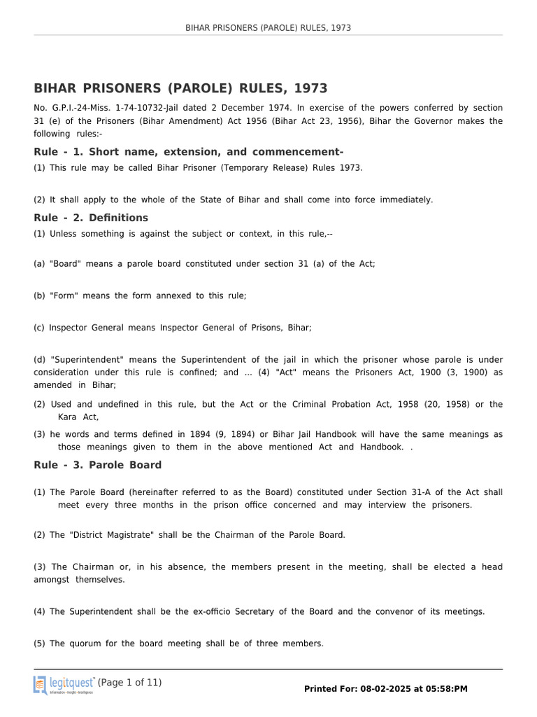 Bihar Prisoners Parole Rules, 1973 | PDF | Parole | Bail