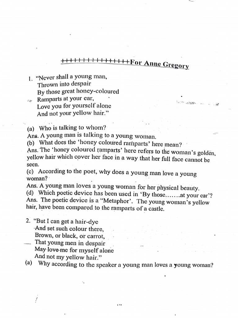 Class 10 Notes - Anne Gregory | PDF | Beauty | Love