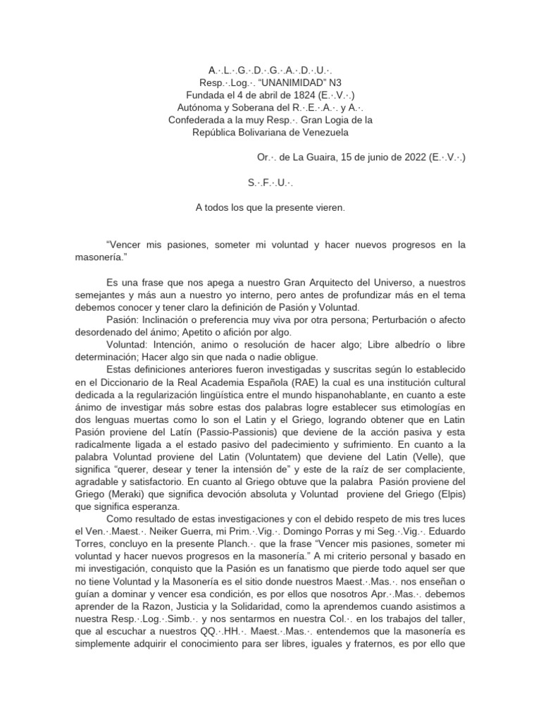 Vencer Mis Pasiones, Someter Mi Voluntad y Obtener Nuevos Progresos en La Masoneria | PDF