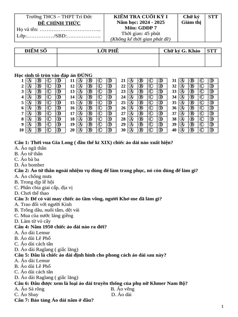 ĐỀ KTCK 1 GDĐP 7 2024-2025 | PDF