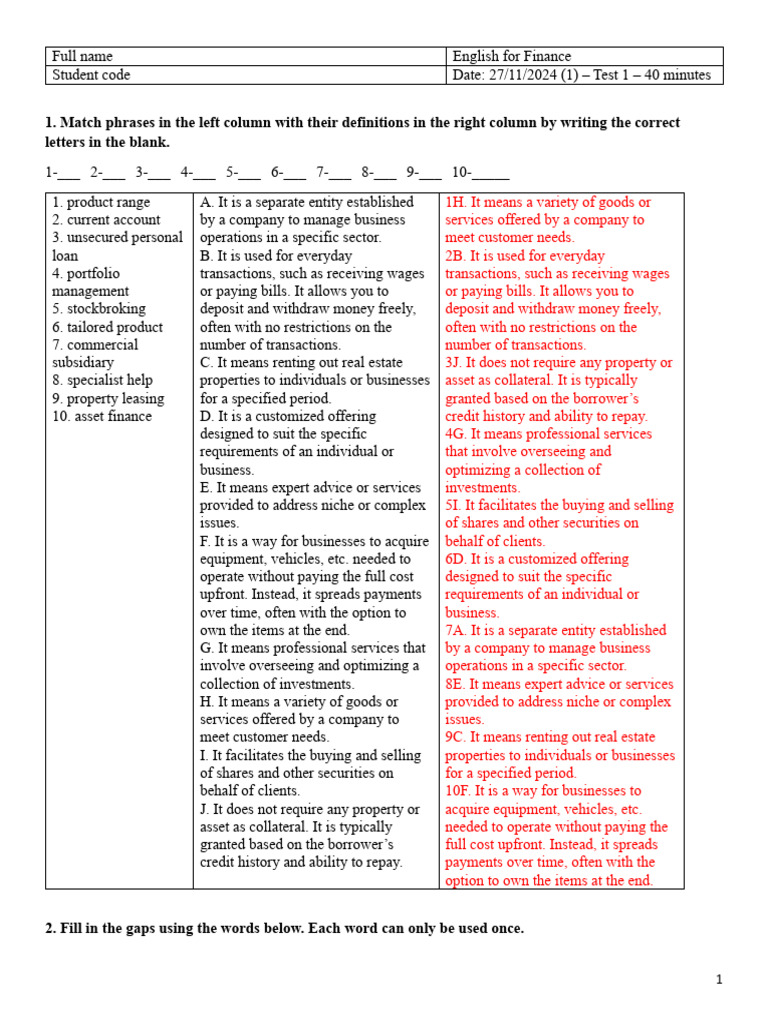 Finance - Test 2 - đề 1 - TB | PDF | Stocks | Investing