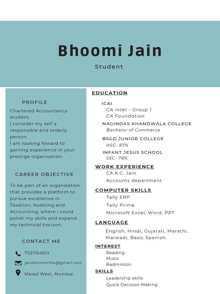 Bhoomi Jain CV | PDF