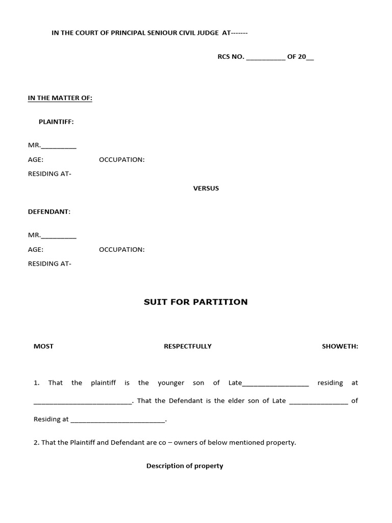 Partition Suit Application Format | PDF | Lawsuit | Justice