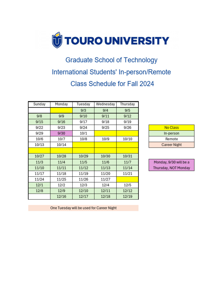 International Students Schedule Fall2024 | PDF