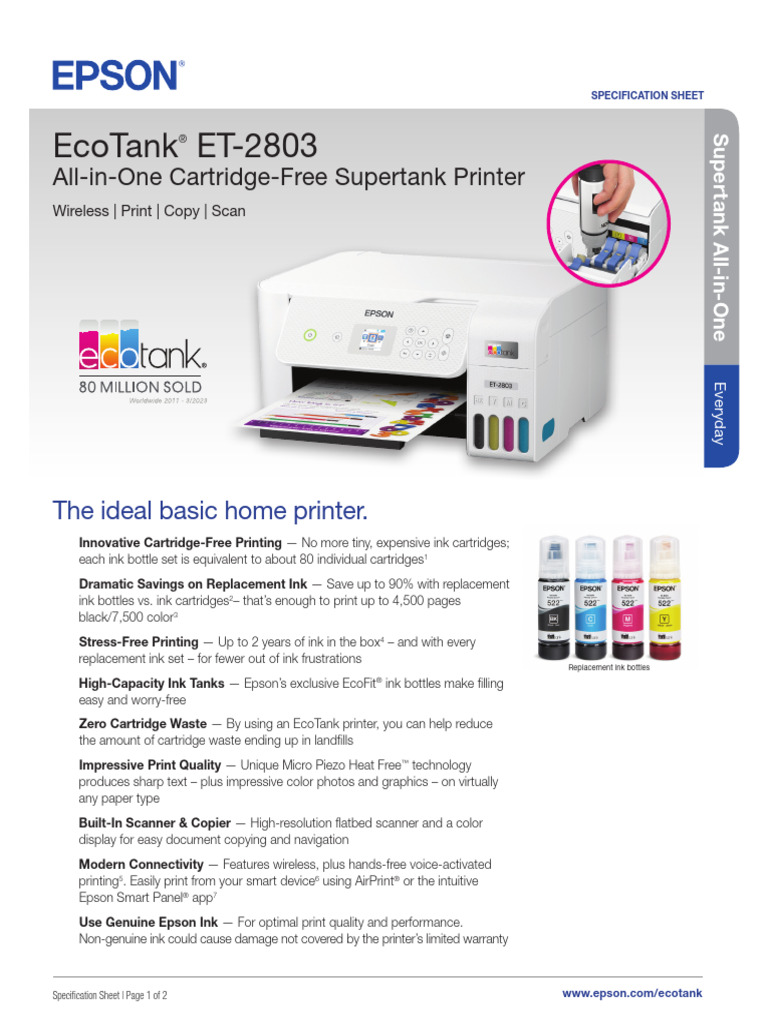 EcoTank ET-2803 Printer Specification Sheet CPD-60629R4 | PDF | Printer ...