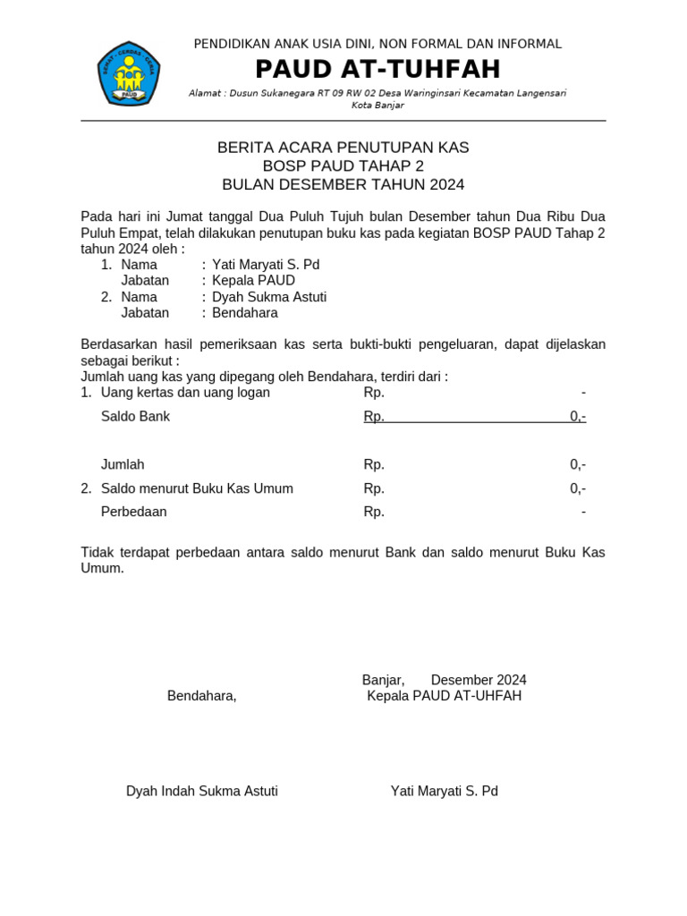 Berita Acara Penutupan Buku Kas Juni BOSP Paud Tahap 1 2024 | PDF