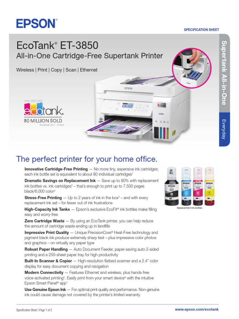EcoTank ET-3850 Printer Specification Sheet CPD-61375R4 | PDF | Printer ...
