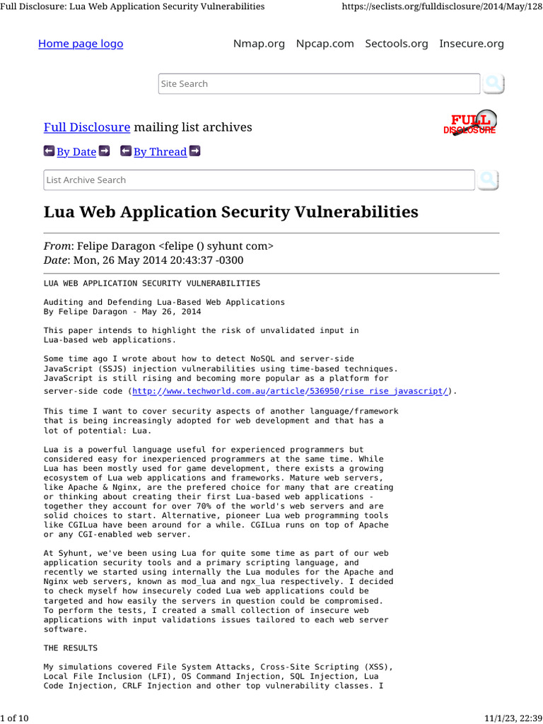 Full Disclosure Lua Web Application Security Vulnerabilities | PDF | Cybercrime | Software