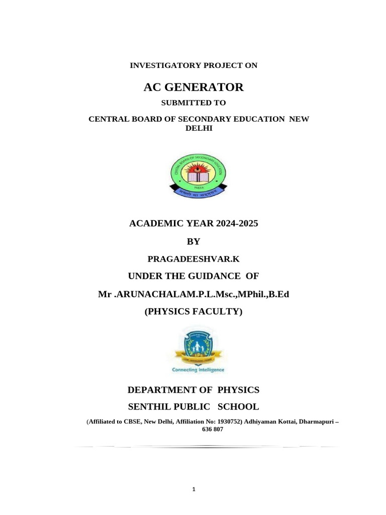 Pragadeesh 12th Project-Phy PDF | PDF | Electromagnetic Induction | Electric Generator