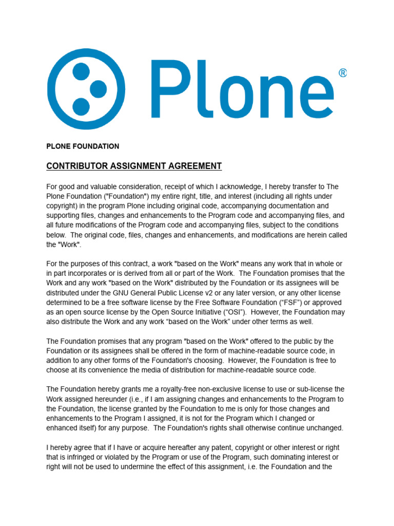 PLONE FOUNDATION Contributor Agreement Plone | PDF | Copyright | Business Law