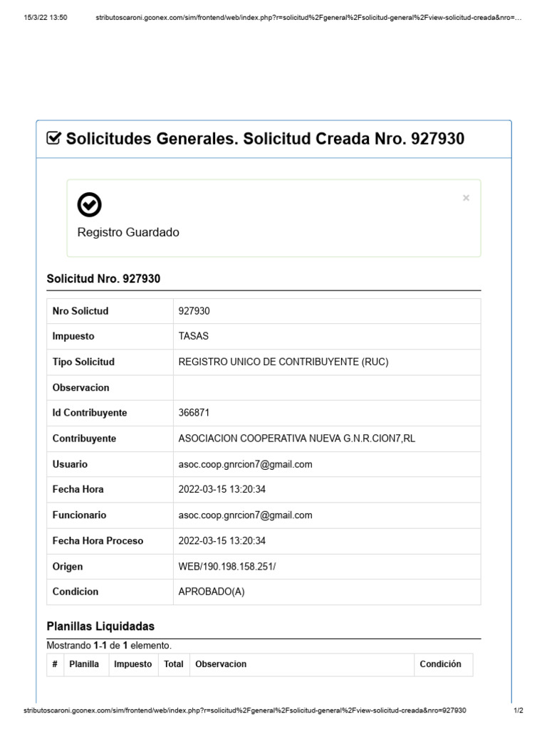 Solicitud RUC Aprobada: Asociación GNRCION7 | PDF
