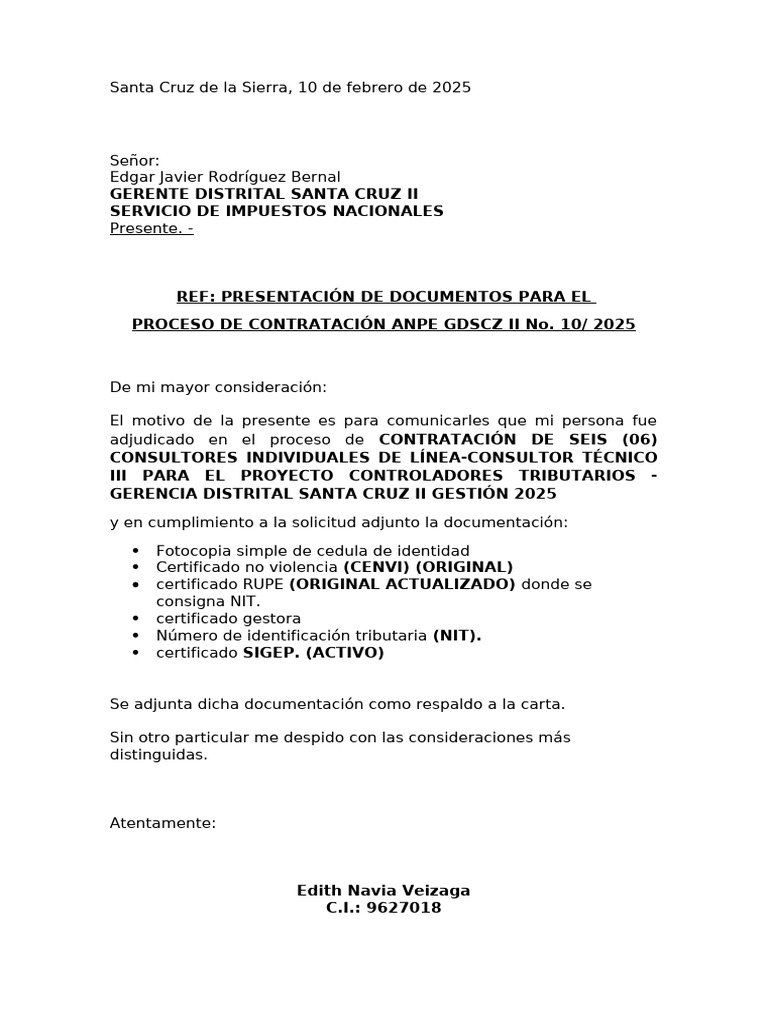 Carta de Entrega de Documentos 2025 | PDF