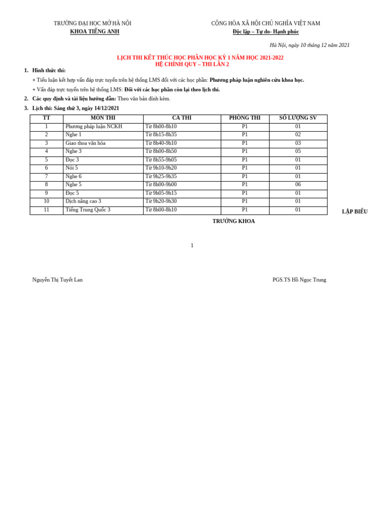 11.12 TBSV - LỊCH THI KTHP (Thi Lần 2) | PDF