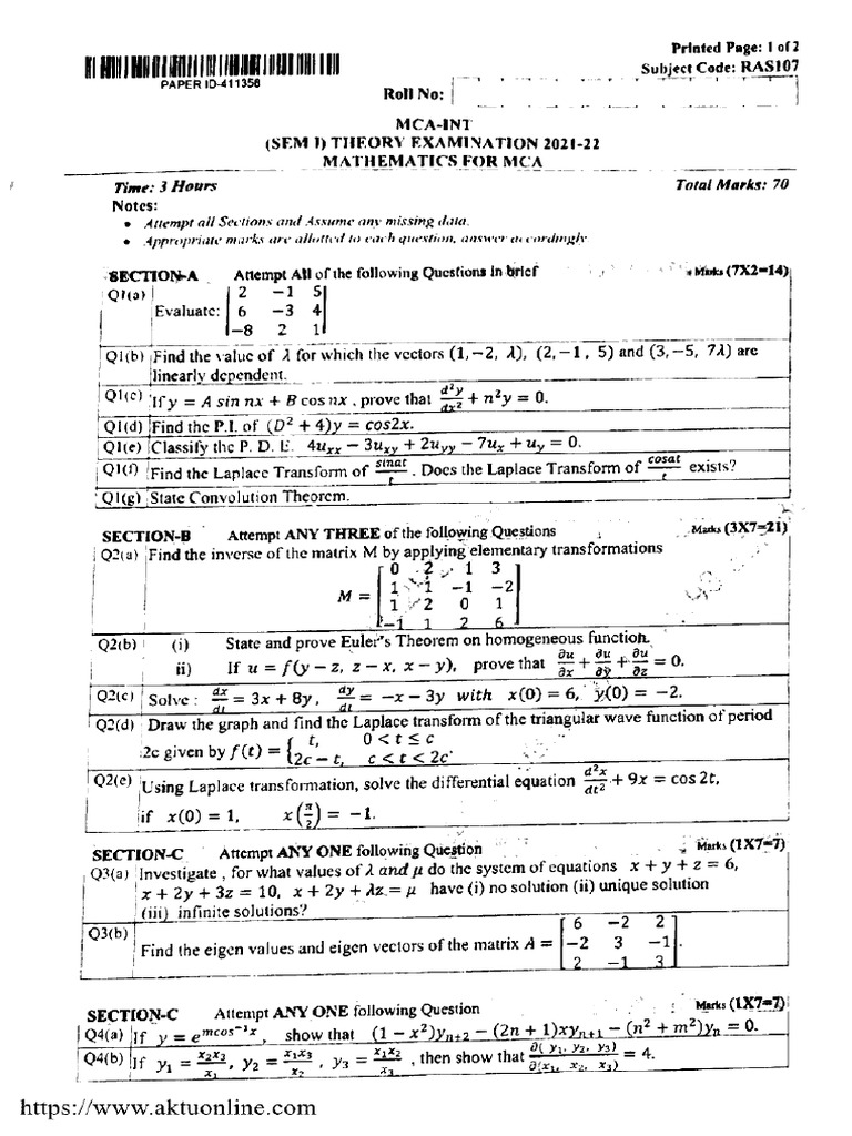 Mca 1 Sem Mathematics For Mca Ras107 2022 | PDF