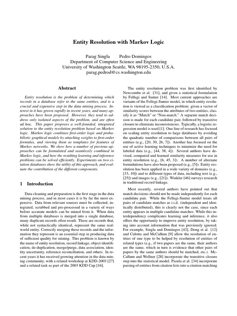 Markov Logic for Entity Resolution | PDF | First Order Logic | Interpretation (Logic)