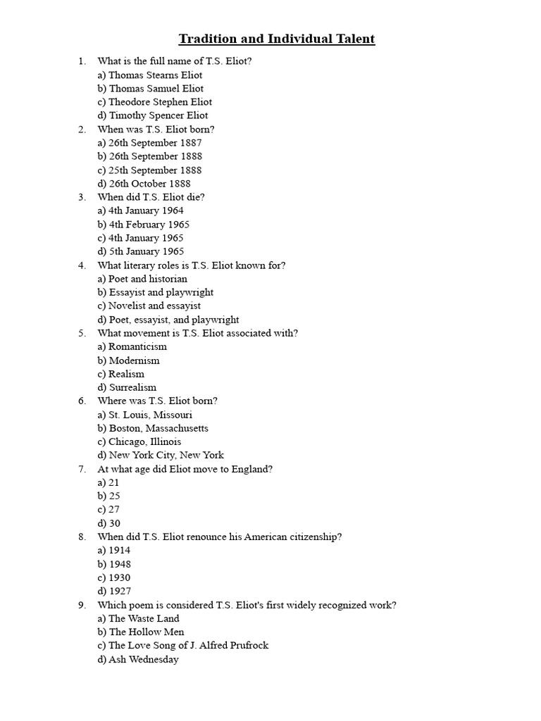 T.S. Eliot's Tradition and Individual Talent | PDF | T. S. Eliot | Poetry