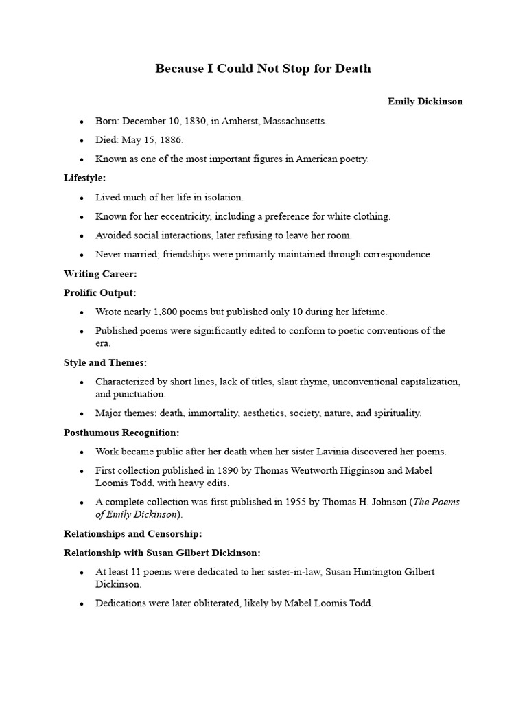 Because I Could Not Stop For Death Notes | PDF | Emily Dickinson